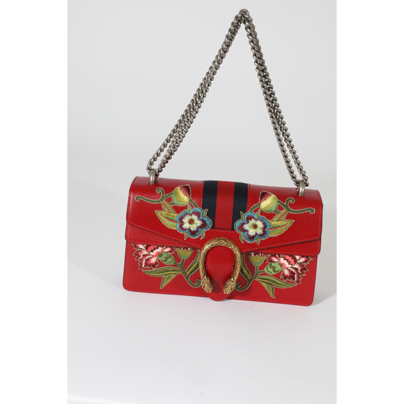 Gucci | Bags | Gucci Red Leather Floral Embroidered Small Dionysus ...